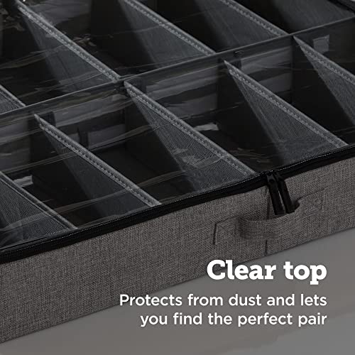 Low Profile Under Bed Shoe Storage Organizer, 4.5'' Tall and Fits Beds 5'' Off the Floor, Adjustable Dividers, Underbed Shoe Storage Solution - Set of 2 (Dark Grey)