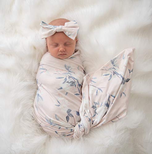 Giggle Angel Newborn Receiving Blanket Baby Girl Swaddle Blanket Photography Blanket Set with Headband or Hat (Light Pink Floral)