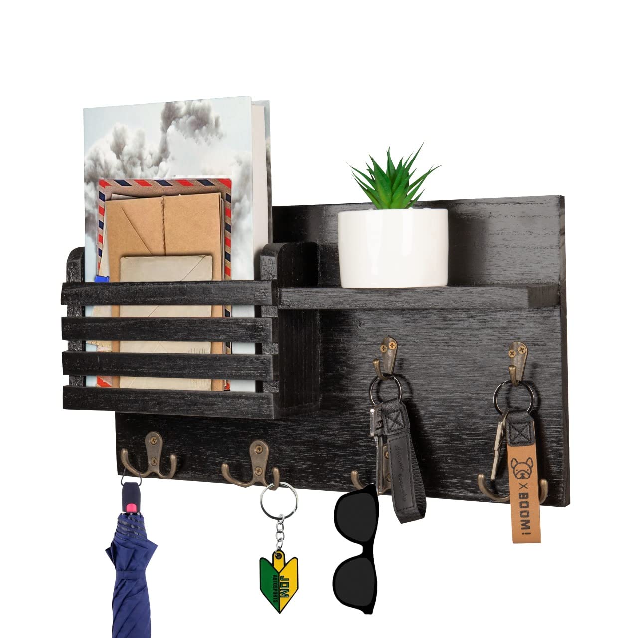 Innoshopp Key Holder for Wall Decorative Wooden Mail Organizer, 4 Double Hook Hangers 2 Single Hooks with Floating Shelf Includes Mail Holder, Hooks for Coats and Keys, Home Décor Key Hanger