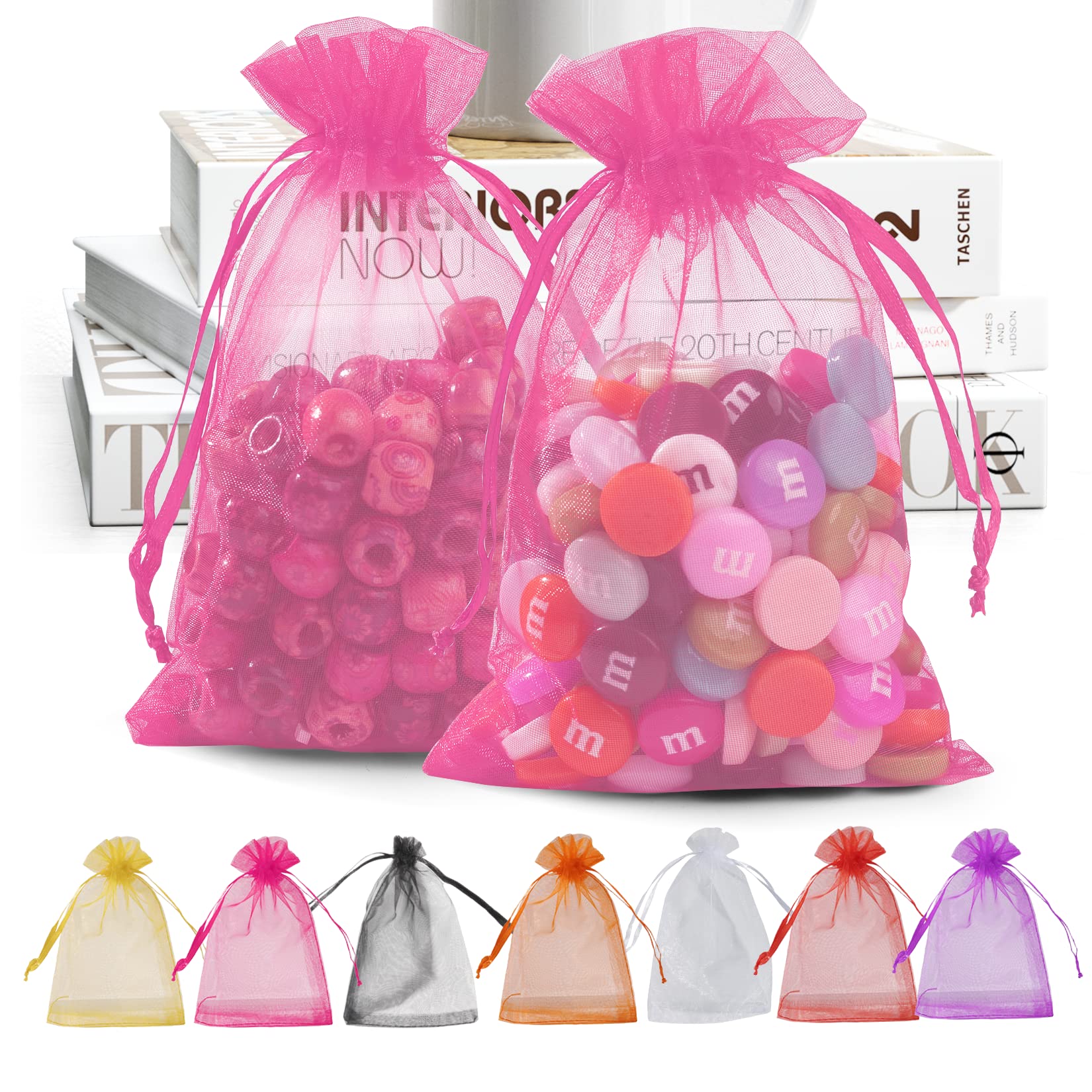 ANZNKU 50 Pack Organza Bags 4 x 6 inch Premium Sheer Drawstring Organza Bags for Candy Jewelry Party Wedding Christmas Favor Gift Bags (Pink)