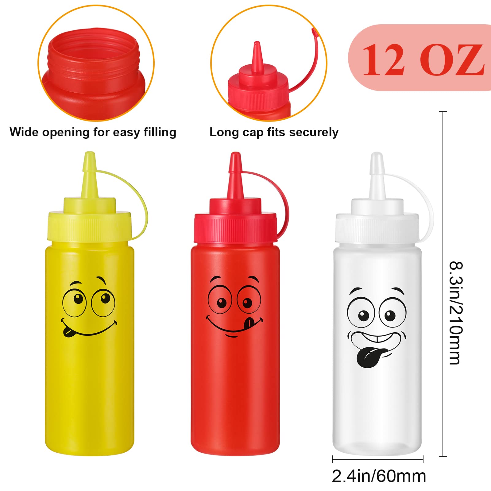 6 Pieces Smile Faces Squeeze Bottles, Condiment Sauces Squeeze Bottles, Ketchup and Mustard Dispenser for Hot Dog Party Mayo Dressing Red Yellow and White, 12 oz