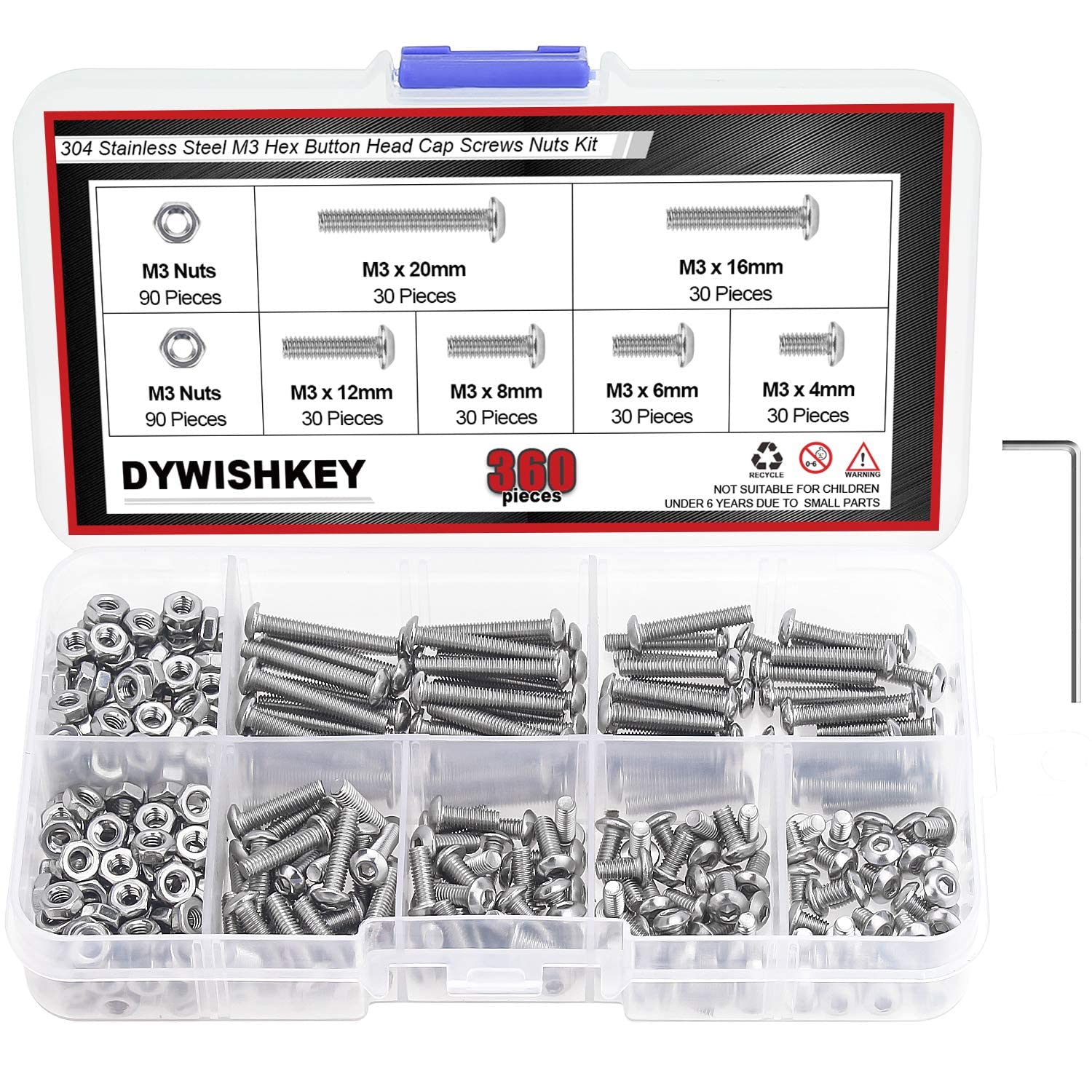 DYWISHKEY 360 Pieces M3 x 4mm/6mm/8mm/12mm/16mm/20mm Stainless Steel 304 Hex Button Head Cap Bolts Screws and Nuts Kit
