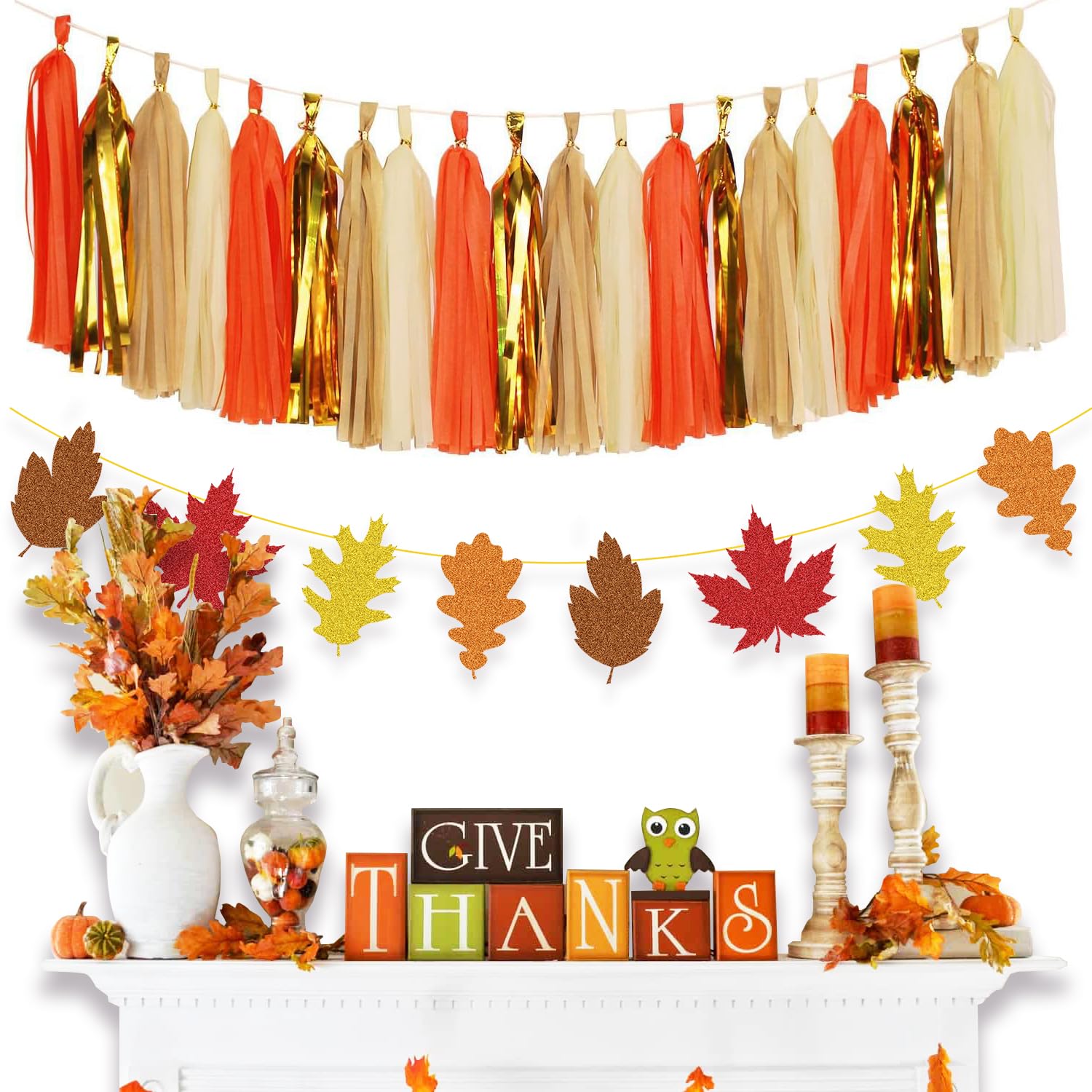 Aonor Tassel Garland, Tissue Paper Tassels Banner for Graduation Party Decorations, Thanksgiving, First Birthday Party Decorations, 20 pcs DIY Kits (Orange+Metallic Gold+Tan+Ivory)