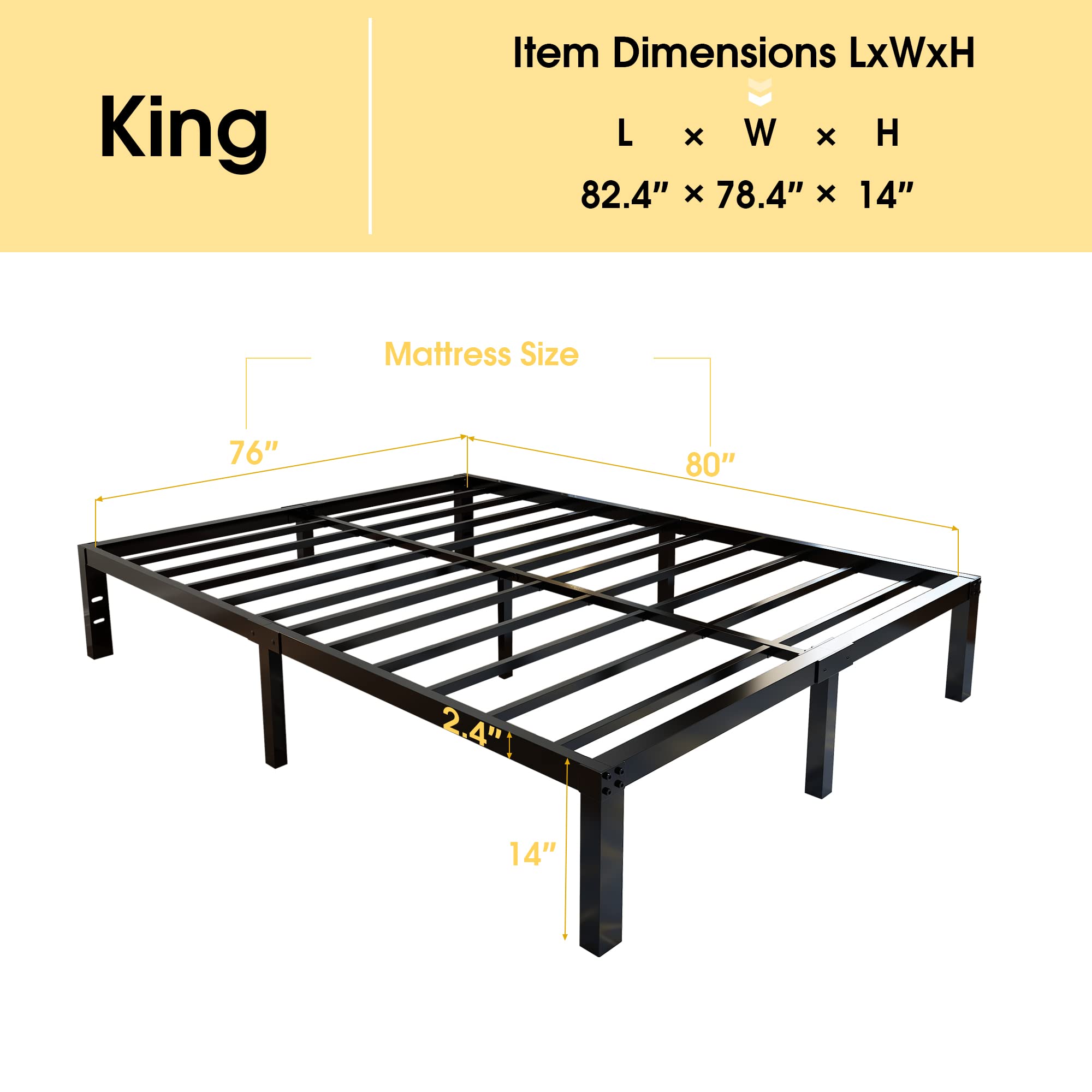 45MinST 3600lbs Heavy Duty Bed Frame,14 Inch Sturdy Steel Slat Mattress Foundation, Metal Reinforced Platform Box Spring Replacement, Easy Assembly with Quick Lock, King