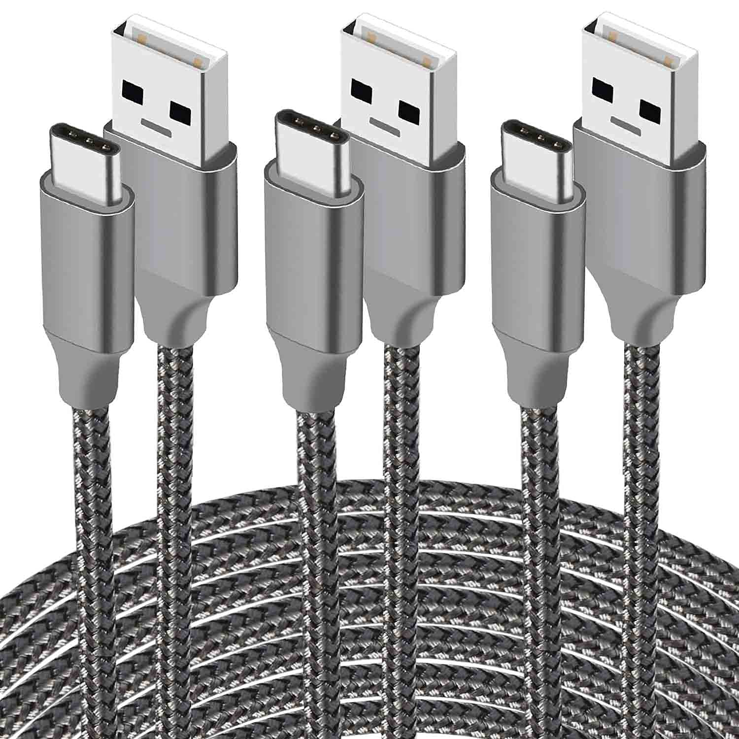 USB C ChargerCable 10FT,3Pack CileenLongFastChargingCordCompatibleForMotoGPower/Stylus,Samsung S10/S9/S8,Note8,A51/A01/A11,Tab S6/7Lite,OnePlusNord N10,NikonZ6/7,BLU G90 Pro,TCL 10L,PS5 3P-10F-Gray