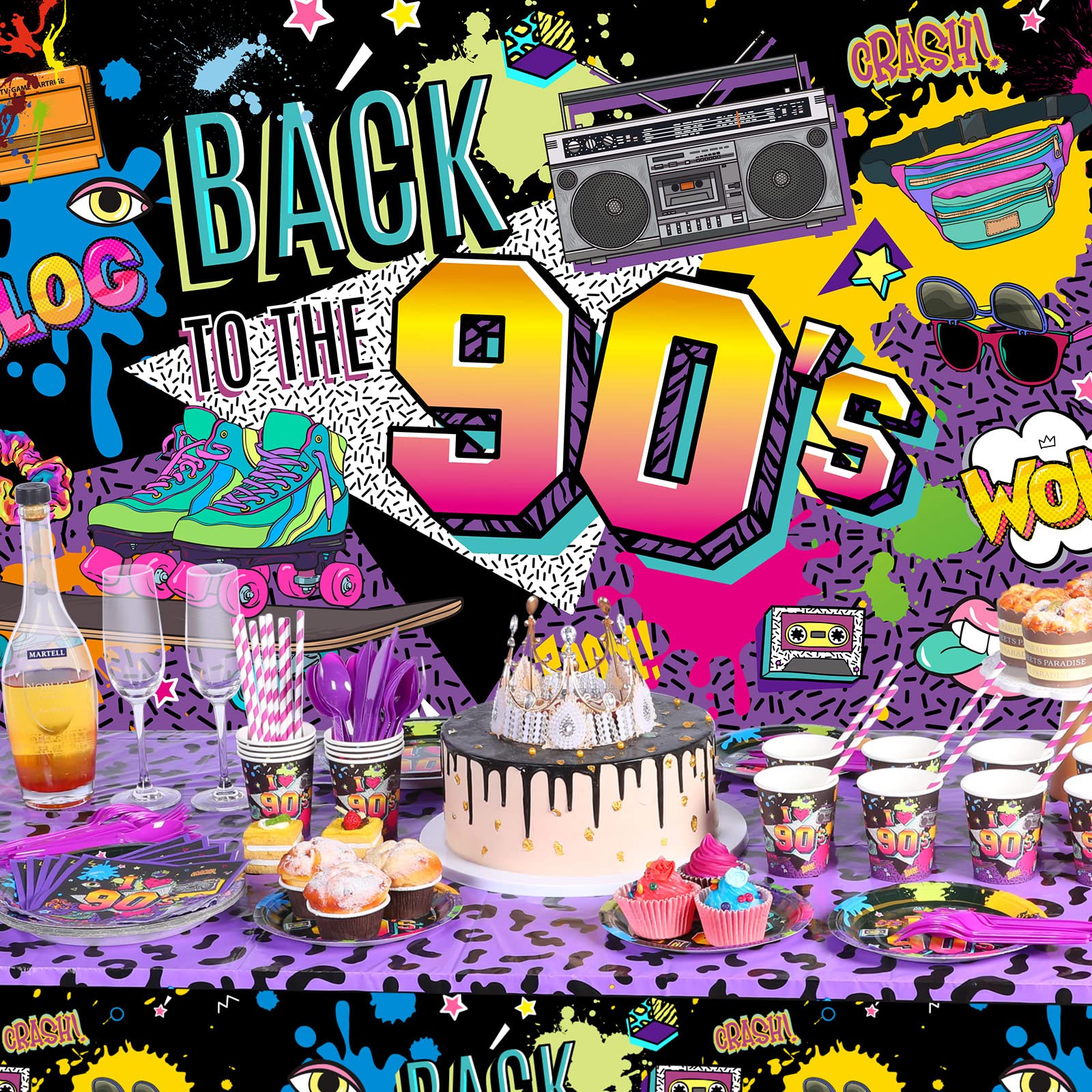90s Party Decorations 90s Theme Backdrop Latex Balloons Back to The 90's Tablecloth Party Tableware Set 90's Paper Plates Napkins Knife Forks Flatware for Birthday Hip Hop Graffiti Supplies