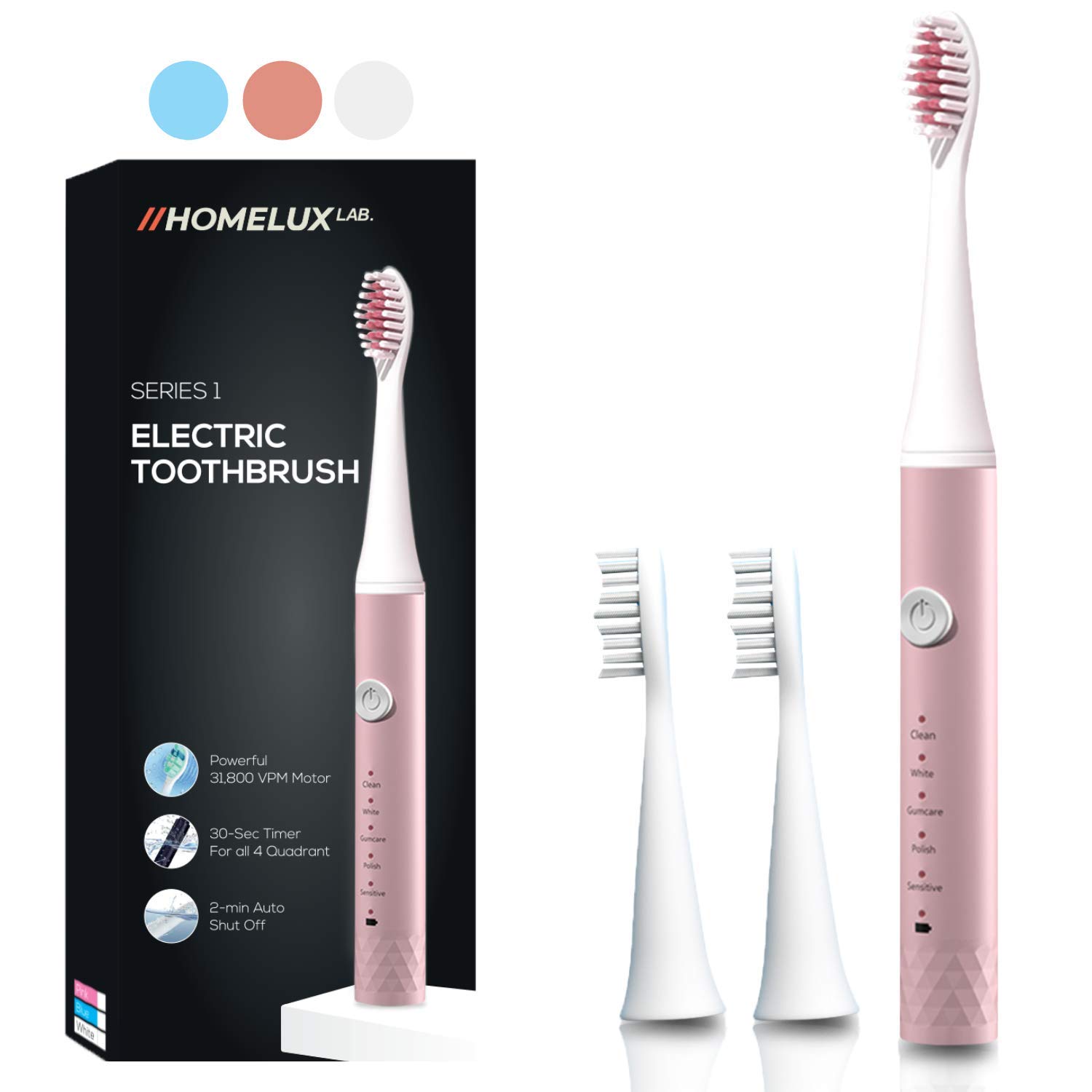 HomeLux Lab Electric Toothbrush Kids & Adults Powerful Sonic Toothbrush | 5 Modes, 3 Brush Heads, 31,800 VPM Rechargable - Kids Electric Toothbrushes for Adults - Electronic Toothbrush Electric -Pink