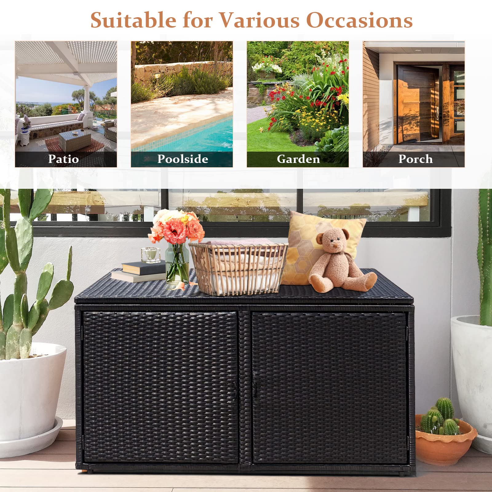 HAPPYGRILL Deck Box Outdoor Wicker Storage Box Cabinet, 88 Gallon Patio Rattan Storage Container Bin Box for Furniture Tools in Garden Balcony Porch Yard