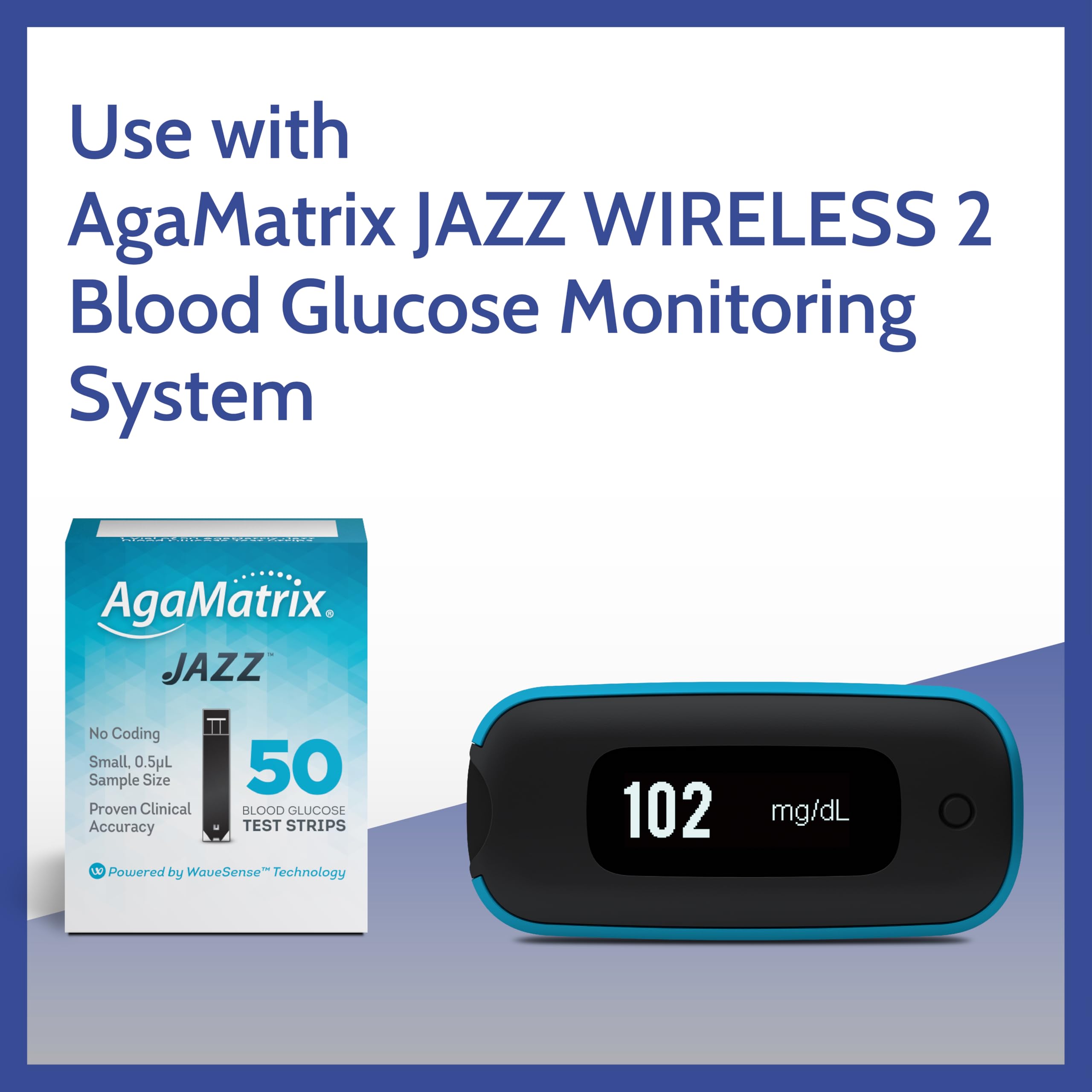 AgaMatrix Jazz Blood Glucose Test Strips, 50 Count Test Strips for Diabetes | Use with AgaMatrix Jazz Wireless 2 Blood Glucose Monitor Only | 1 Box, 50 Diabetes Test Strips