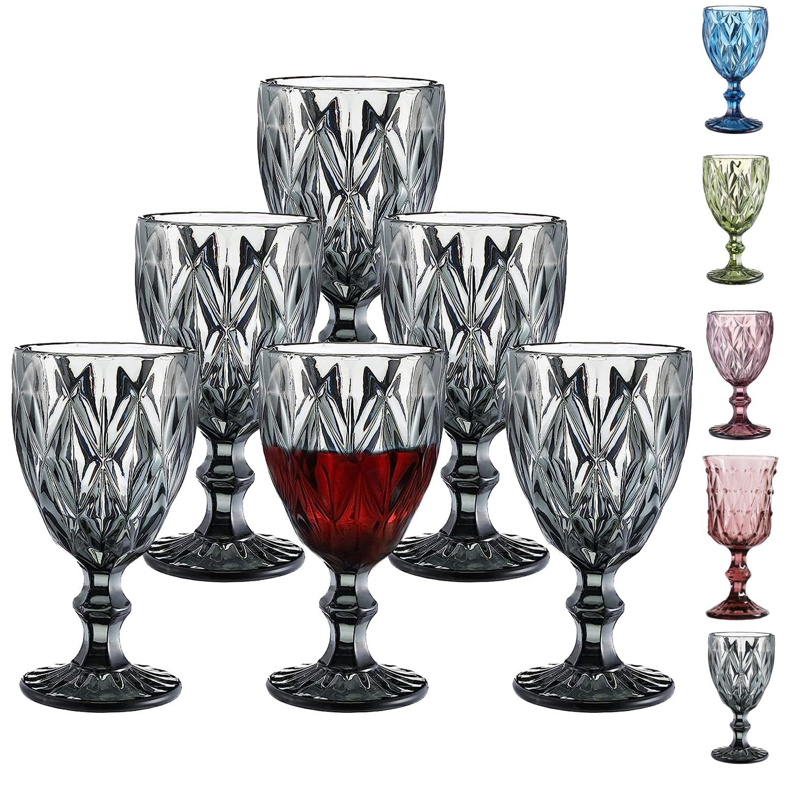 6 Pieces Vintage Wine Glasses Set, 8 Ounce Colored Glass Water Goblets, Stemmed Retro Style Drinking Glasses, Crystal Glass Cups, Dishwasher Safe, for Wedding Party Red Wine Glass with Gift Box