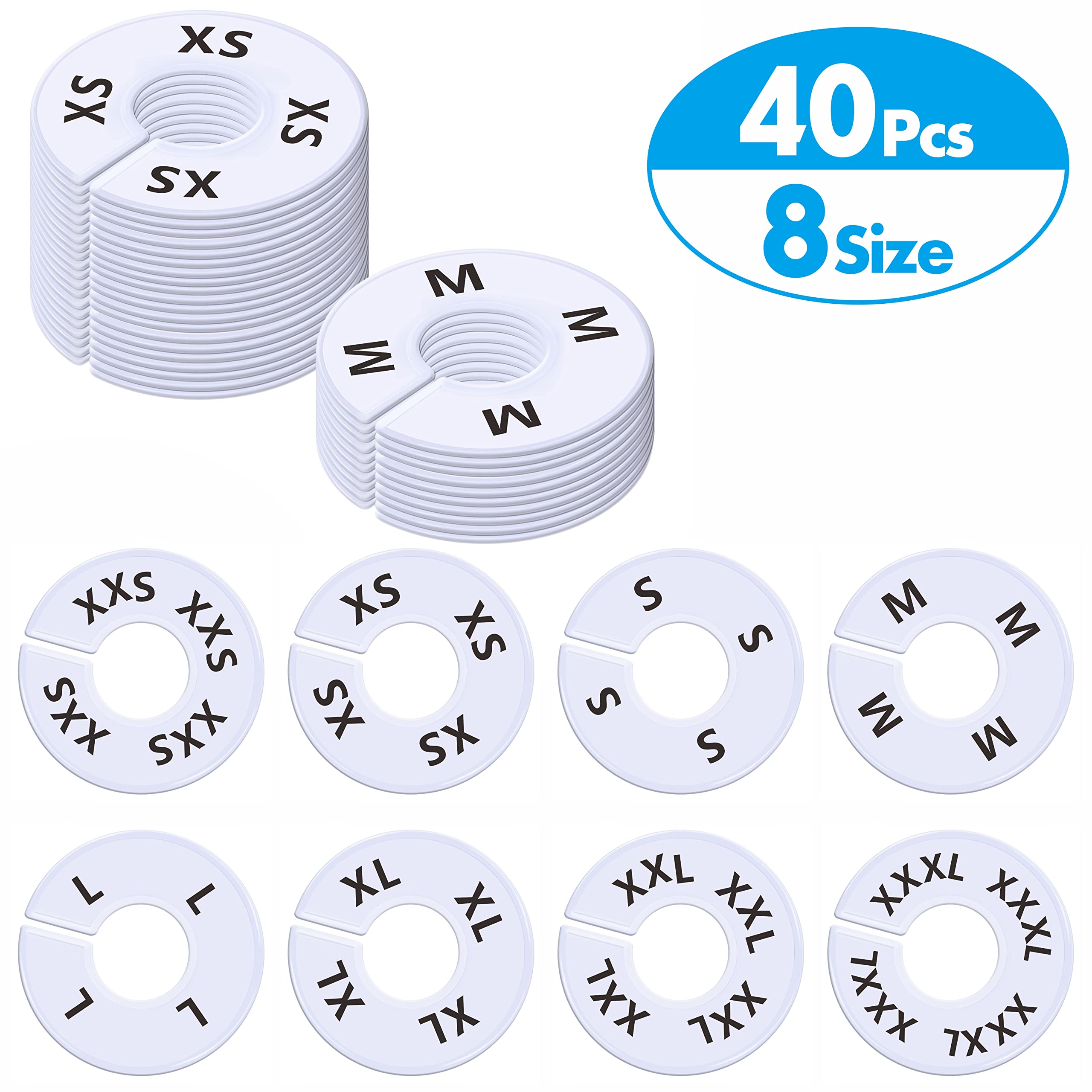 40 Pack Round White Plastic Clothing Size Closet Rack Dividers Hangers, Preprinted in 8 Sizes XXS, XS, S, M, L, XL, XXL, XXXL (Outer 3.5β, Inner Diameter 1.38β)