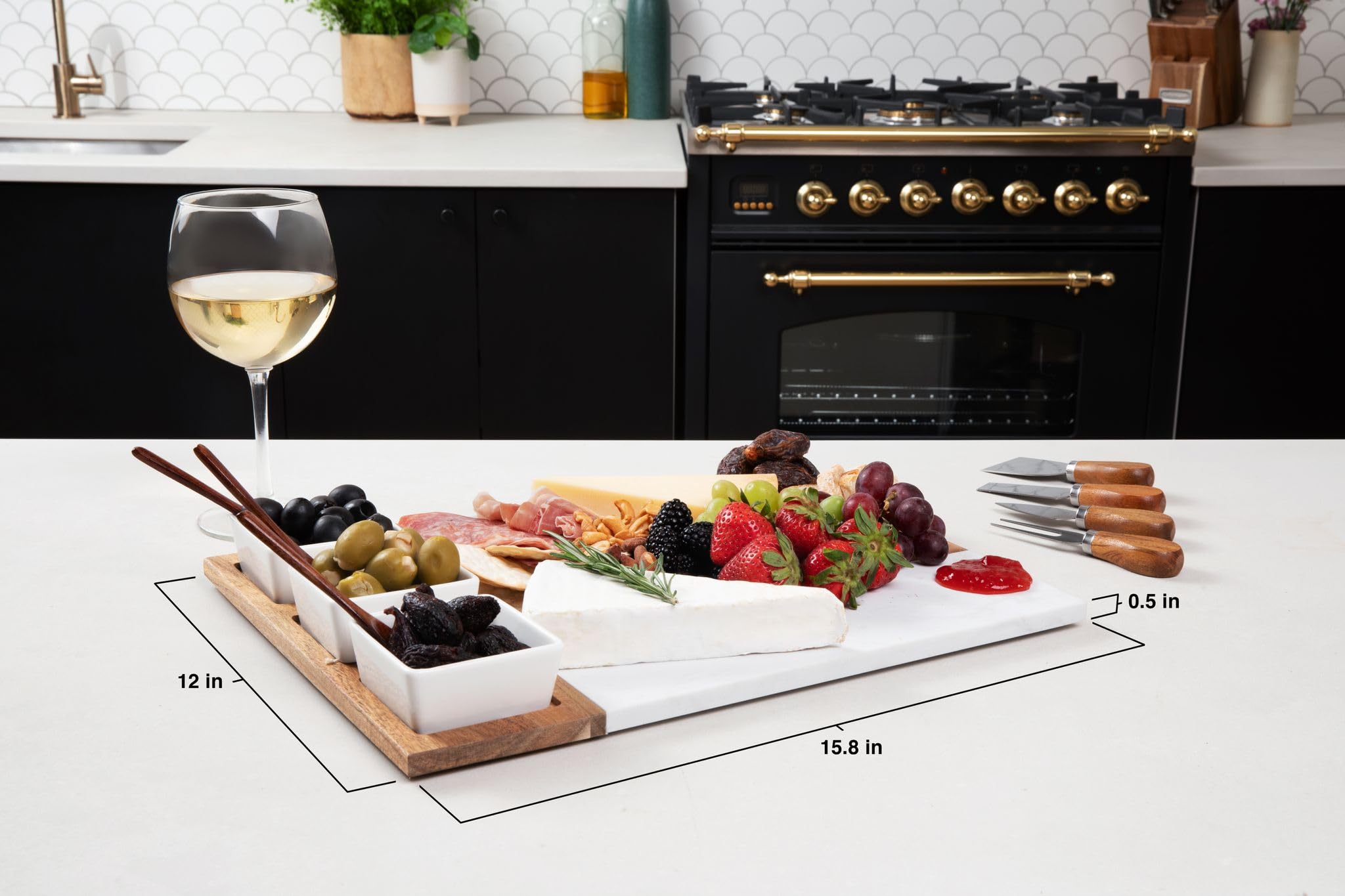 Acacia Wood and Marble Charcuterie Board Set - 11 Piece Cheese Board Serving Platter - Includes Knives, Bowls, Spoons - Gift Appetizer Board with Accessories - Housewarming and Holiday Unique Gift