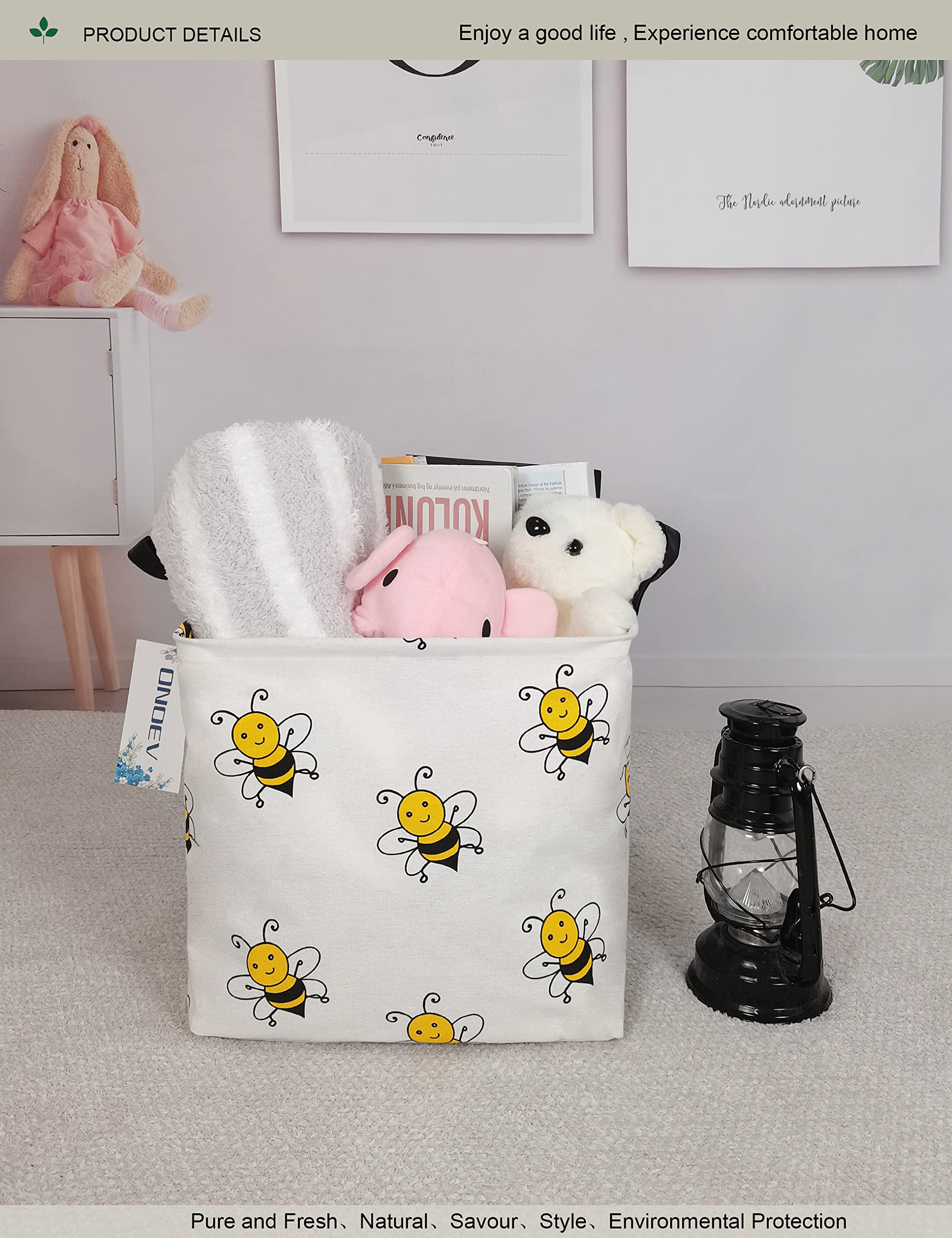 ONOEV Square Folding Laundry Basket, Canvas Basket,Nersury Hamper,Suitable for Children,Office,Bedroom,Clothes,Toys Storage(Bee