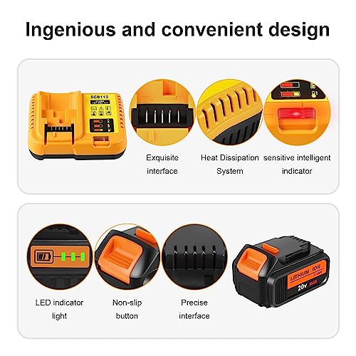 20v Max Battery Replacement for Dewalt 20V 6.0Ah Battery 2Pack with DCB112 Battery Charger Station for DCB201 DCB204 DCB205 DCB206 DCB120 DCB127 DCB115 DCB118 DCB107 DCB105 DCB102