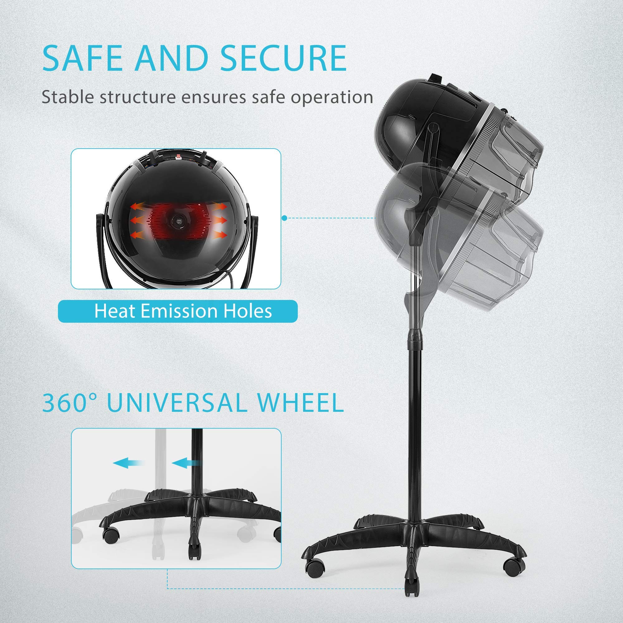 VIVOHOME 1300W Professional Height Adjustable Stand Up Bonnet Hair Dryer Hooded Floor Stand Rolling Base with Wheels for Salon Equipment Beauty Spa Home