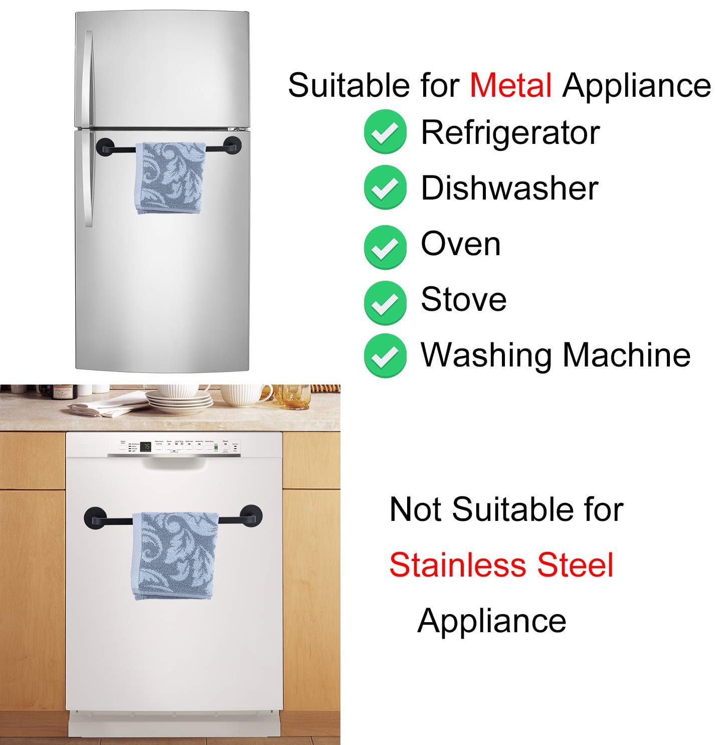 LEKUSHA 2 Pieces Magnetic Towel Bar for Refrigerator, Magnetic Towel Holder Towel Hook Hanger for Fridge, Kitchen Stove, Oven, Dishwasher, Sink Laundry Washing Machine Black