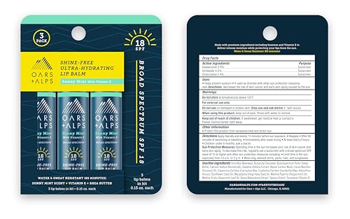Oars + Alps Shine Free Lip Balm and SPF 18 Sunscreen, Lip Care with Sunny Mint Scent, Water and Sweat Resistant, 0.15 Oz Each, 3 Pack