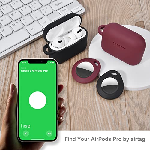 AIRSPO Compatible with Airpods Pro Case and AirTag Case Cover with Keychain Silicone Protective Skin Cover with Keychain(Burgundy)