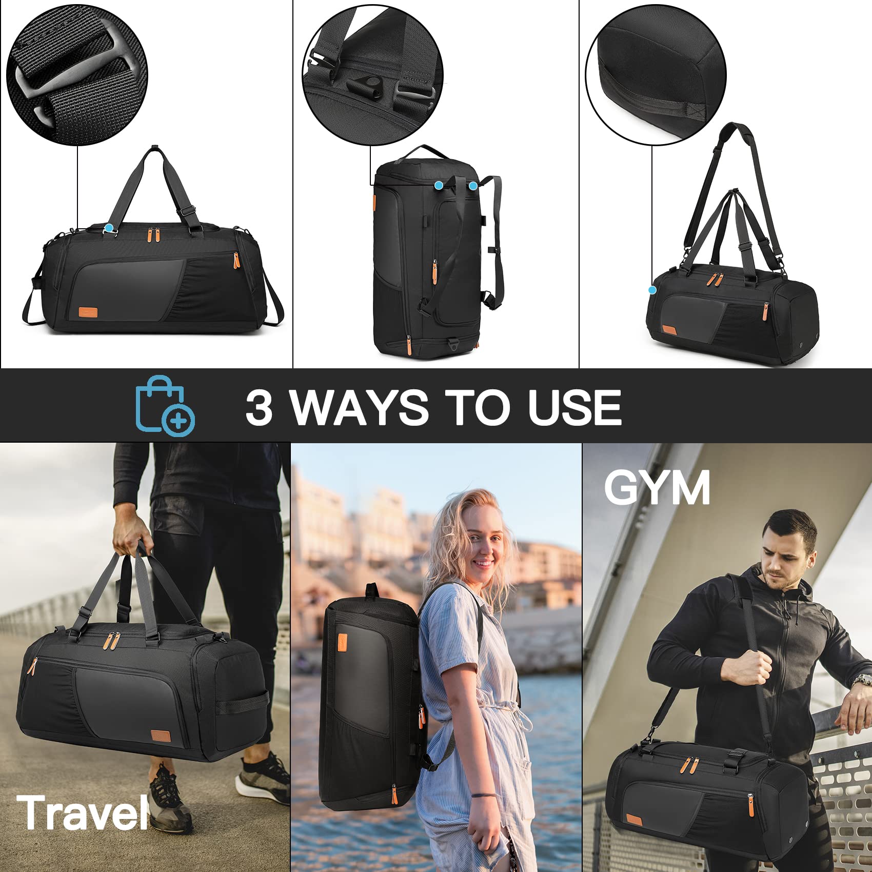 40L Travel Duffle Bag for Men,Waterproof Gym Duffel Bag with Wet Pocket & Shoes Compartment Weekender Overnight Backpack for Traveling Duffel Bag Backpack for Women