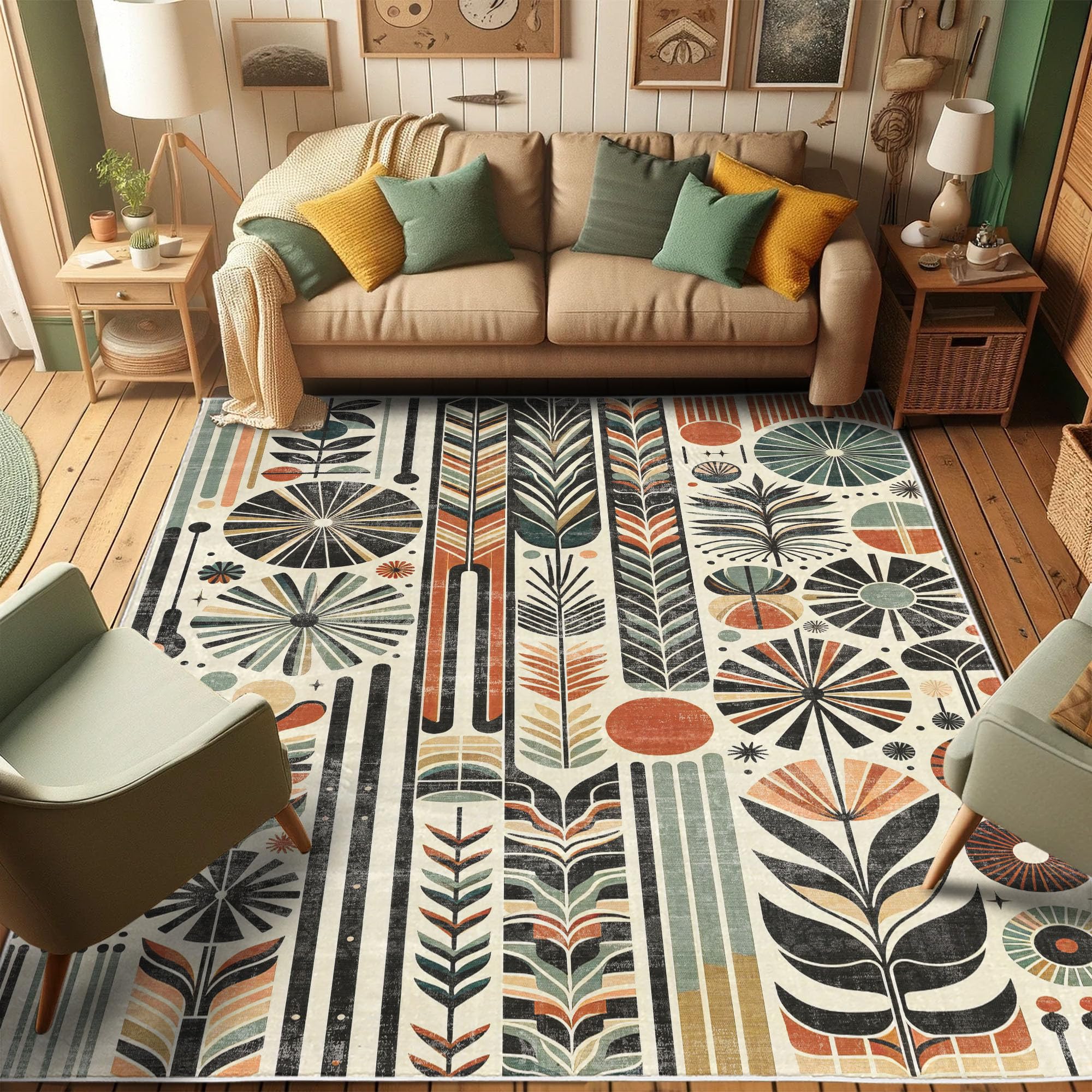 Ambesonne Bohemian Decorative Rug, Retro Mid Century Inspired Abstract Patterns on Ivory Background, Quality Carpet for Bedroom Dorm and Living Room, 4' X 5' 5", Dark Orange and Reseda Green