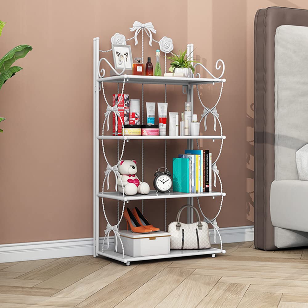 BOOMALTU Cute 4-Tier Folding Metal Shelving Bathroom Shelf,White Shelves White Bookshelf with Bow Decor and Flowers for Storage and Display in Living Room, Bathroom, Office, Kitchen (White, 4-Tier)