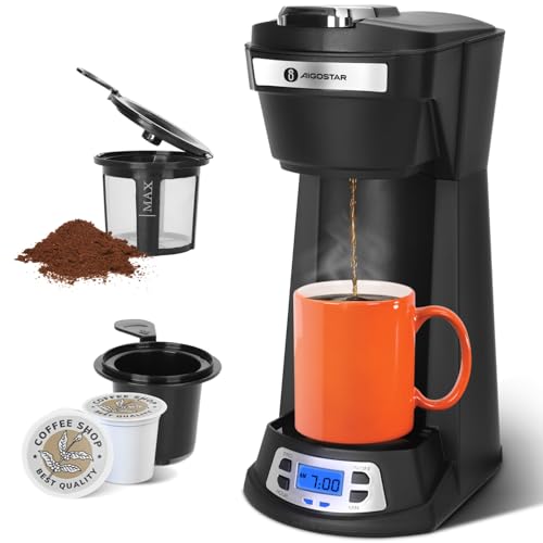 Aigostar Single Serve Coffee Maker for K Cup and Ground Coffee, 24H Timer, 6 to 14 Oz Brew Sizes, Single Cup Coffee Maker with Self-Cleaning, Fits Travel Mug, Fast Brewing Capsule Coffee Machine,Black