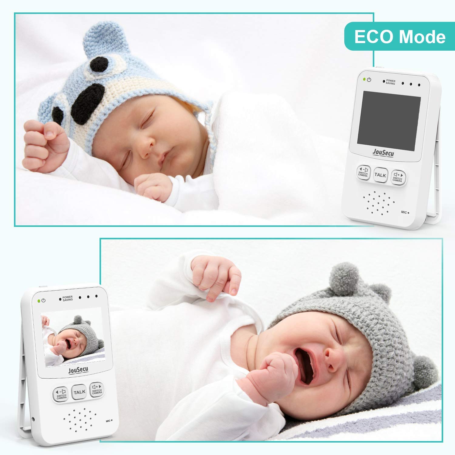 JouSecu Baby Monitor with Camera and Audio 2.4inch LCD, 2-Way Talk, Night Vision, Eco Mode, 1000ft Range, Feeding Alarm (Up to 4 Cameras)