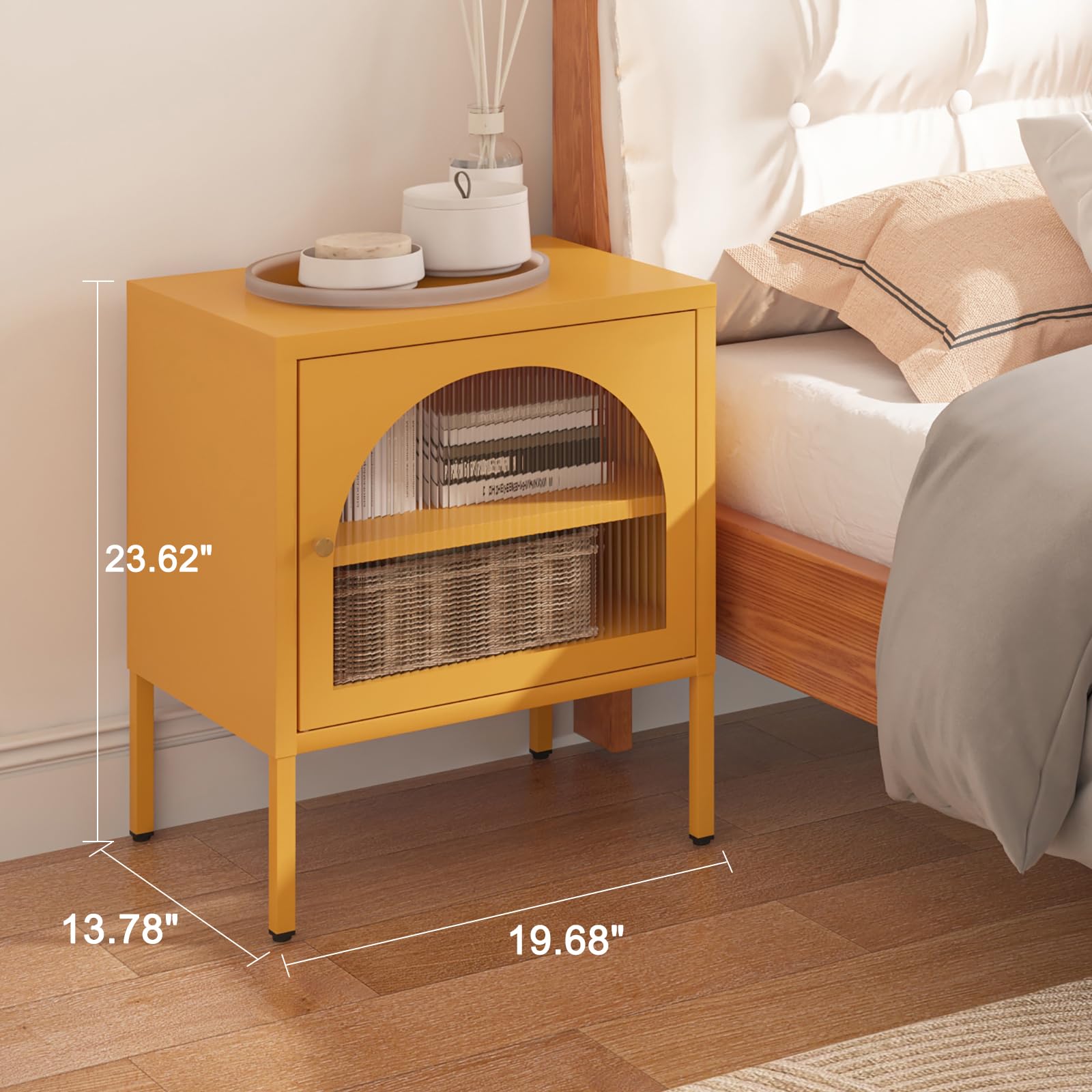 Aiasuit Single Door Nightstand Bedroom Bedside Table Adjustable Frosted Texture Storage Side Cabinet Glass Coffee Table Storage Cabinet Solid Room Side Table Yellow Size: 23.62”H x 19.68”W x 13.88”D