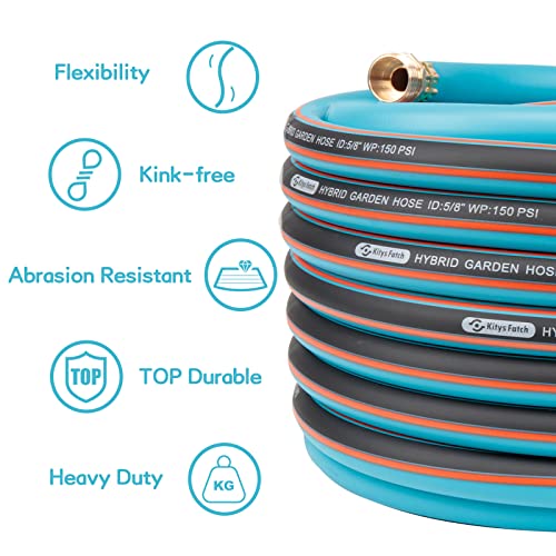 Kitys Fatch Upgraded Kink Free Hybrid Garden Hose 10ft 5/8", Thickened Heavy Duty Water Hose with Brass Solid Connector,Lightweight Flexible Tough Rubber Hose with Nozzle,Durable Yard Outdoor Hose