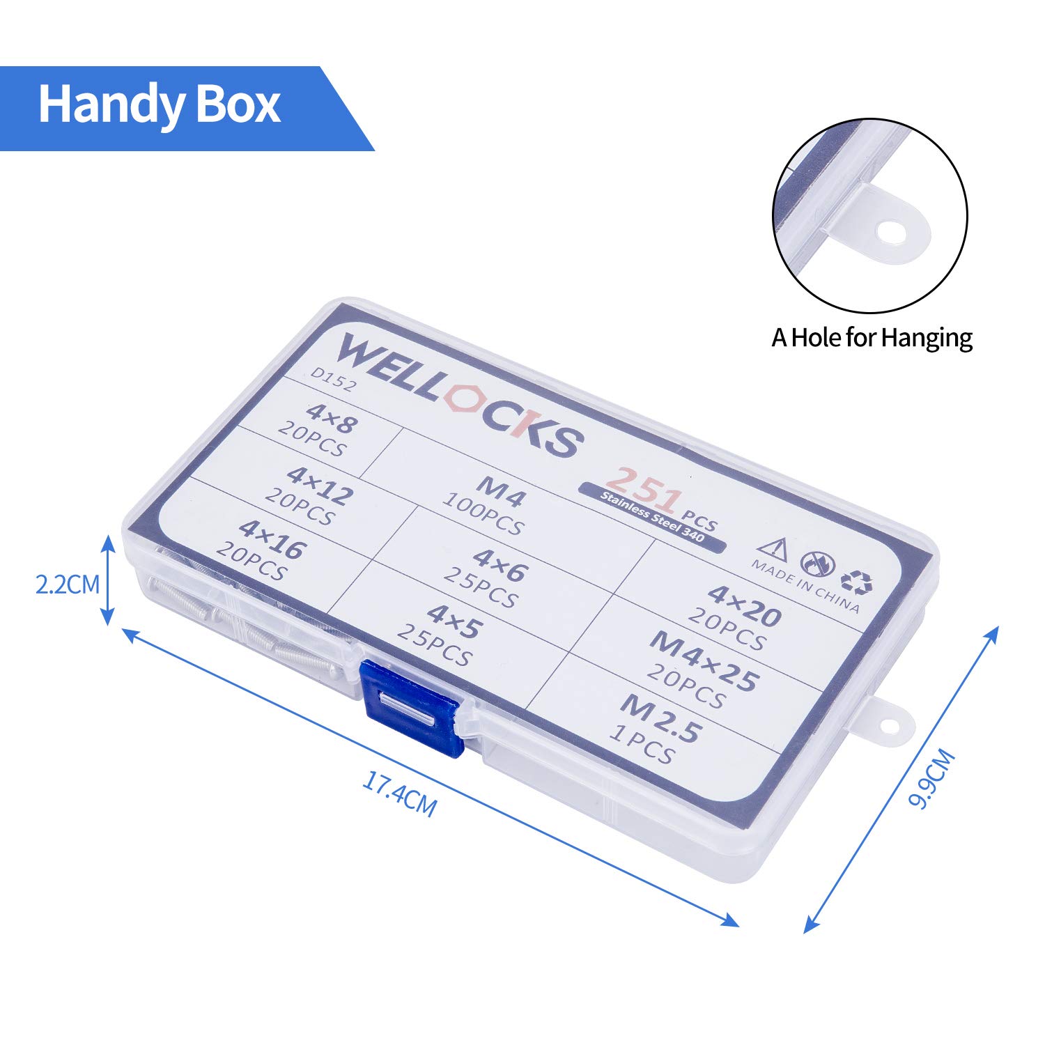 WELLOCKS Socket Cap Screw 251 PCS M4 Metric Bolts and Nuts Assortment Kit with Hex Wrench Button Head Stainless Steel 304 with Storage Box for Shelf Chair Desk Install Repair(D152)