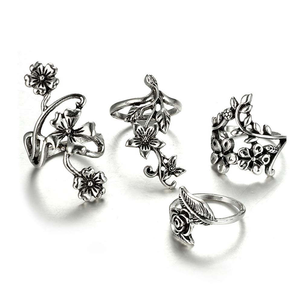 4pcs/Set Women's Bohemian Stack Set Vintage Rings (Silver, One Size)