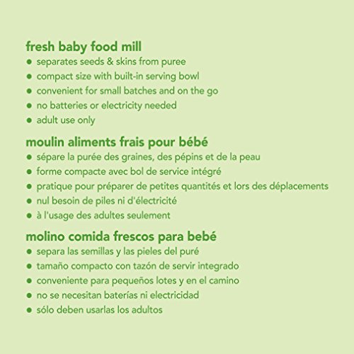green sprouts Fresh Baby Food Mill - Easily Purees Food for Baby, Separates Seeds & Skins, Compact Size, No Batteries or Electricity Needed, Dishwasher Safe
