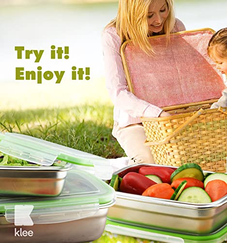 Klee Set of 3 Food Storage Containers with Airtight Lids (12oz,19oz, 28oz) - Premium 304 Stainless Steel Containers, Bento Boxes, Lunch Boxes, Meal Prep Containers for Kitchen, School, Office, Travel