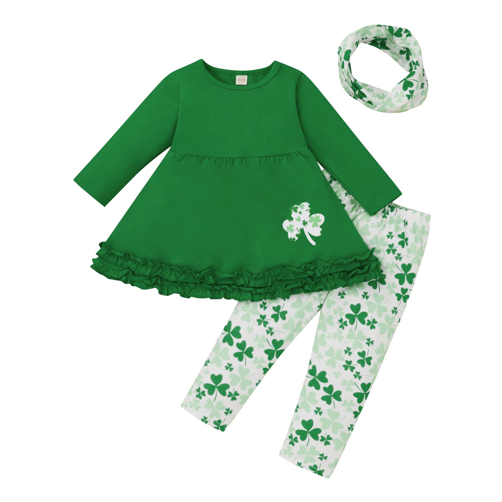 XFGLCK Toddler Kids Baby Girls St.Patrick's Day Outfits Flare Tunic Long Sleeve Dress Shirt Shamrock Print Pants Scarf Sets (Green St.Patrick's day outfits, 2-3 Years)