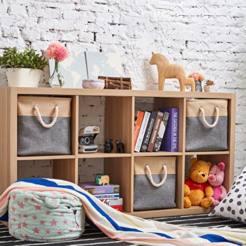 EZOWare 3-Pack Collapsible Storage Bins Basket Foldable Canvas Fabric Cubes Boxes with Handles for Kids Babies Nursery Room Toys Organizer (13 x 13 x 13 inches) - Gray and Beige