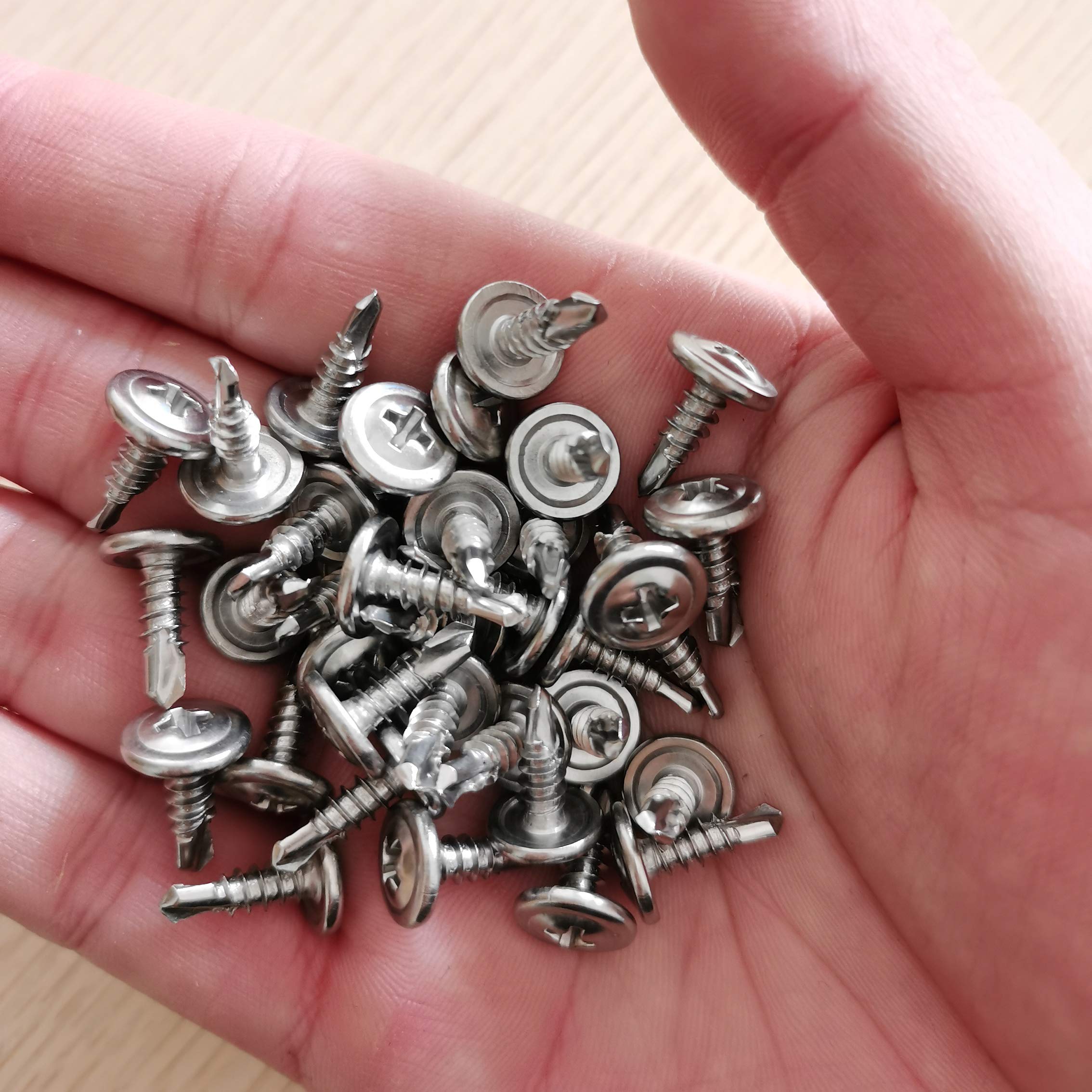 Jetovo 100 Pack 410 Stainless Steel Wafer Head Phillips Self Drilling Screws Sheet Metal Tek Screws, Modified Truss Head Self Driller - Size: #8 x 1/2"