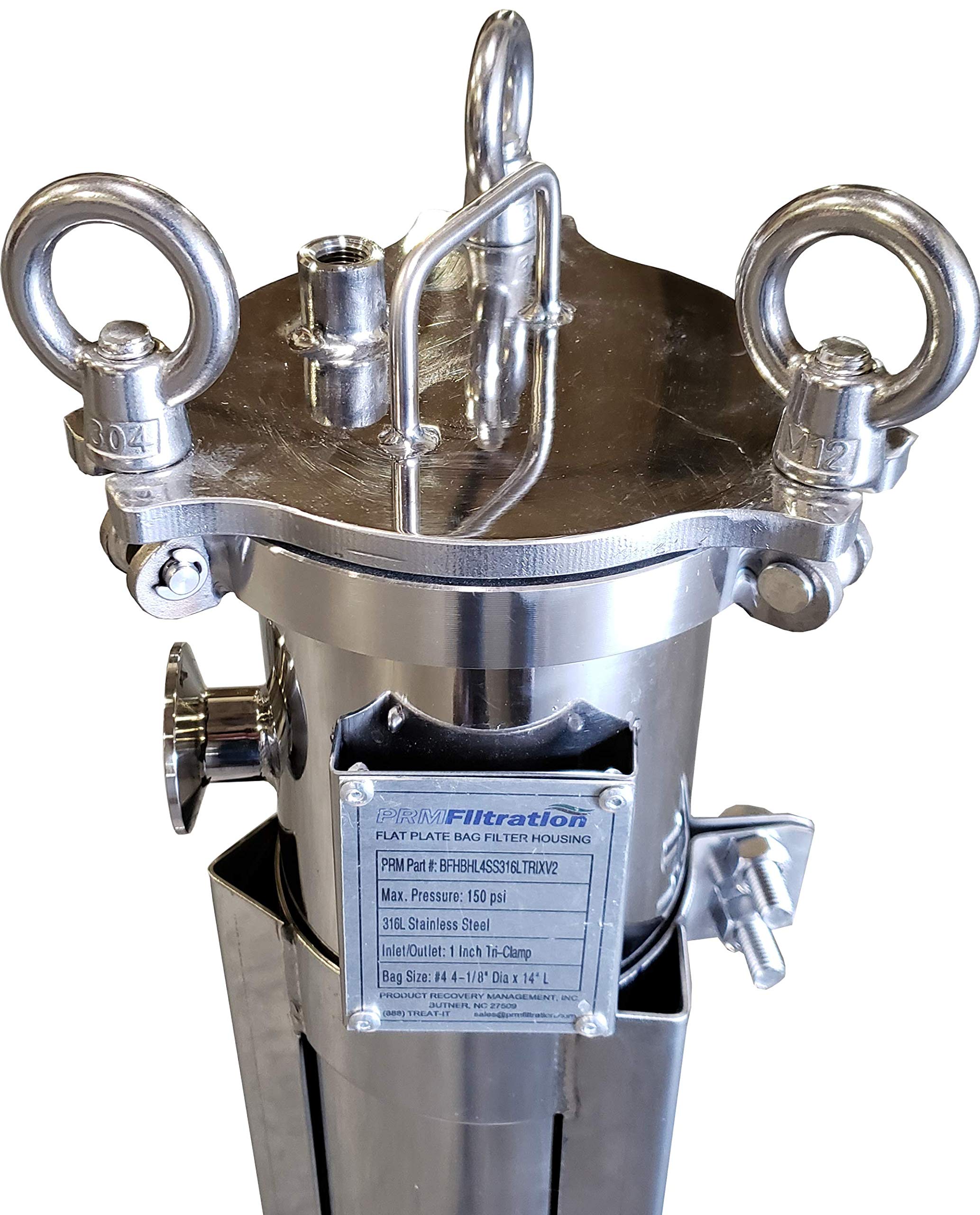 PRM #4 316L Stainless Steel Bag Filter Housing – 1" Tri Clamp Inlet/Outlet, Dual Port Side & Bottom, 150 PSI Max, 40 GPM Flow Rate, EPDM O-Rings, Stainless Strainer Basket, Drain Port, Mounting Stand