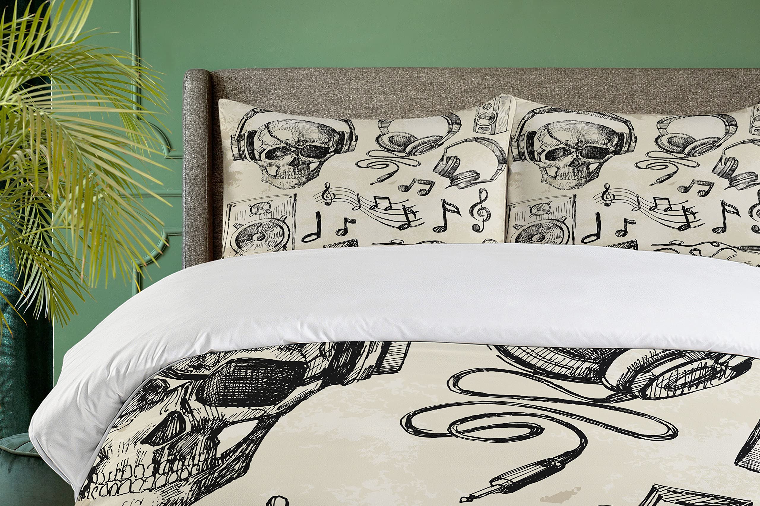 Ambesonne Music Duvet Cover Set, Sketchy Background Hipster Skull Headphones Record Player Mic Speakers Print, Decorative 3 Piece Bedding Set with 2 Pillow Shams, Queen Size, Beige Black