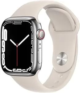 Apple Watch Series 7 (GPS + Cellular, 41MM) Silver Stainless Steel Case with Starlight Sport Band (Renewed)