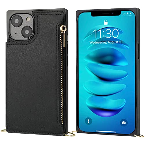 Bocasal Crossbody Wallet Case for iPhone 14 with RFID Blocking Card Slot Holder, Magnetic Flip Folio Purse Case, PU Leather Zipper Handbag with Detachable Lanyard Strap 6.1 Inch 5G (Black)