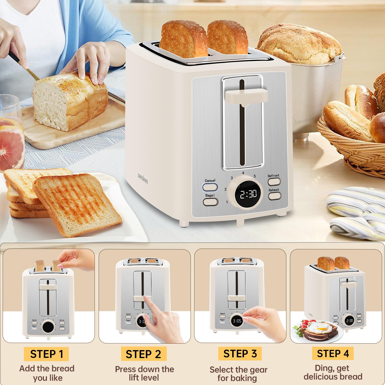 SEEDEEM Toaster 2 Slice, Bread Toaster with LCD Display, 7 Shade Settings, 1.4'' Extra Wide Slots Toaster with Cancel, Bagel, Defrost, Reheat Functions, Removable Crumb Tray, 900W, Cream White