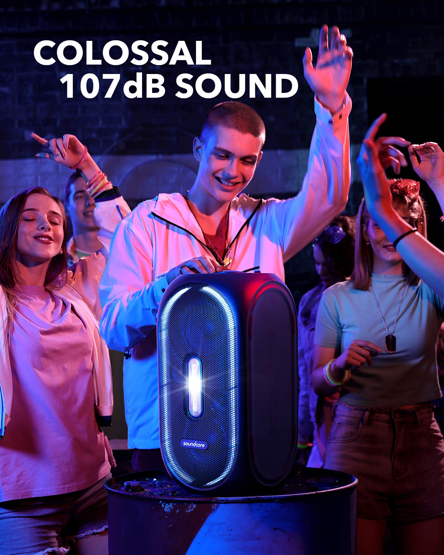 Anker Soundcore Rave Portable Speaker with 107dB Sound, Light Show, 24 Hour Playtime, PowerIQ, BassUp Technology, Water Resistant, Speaker with Microphone Input for Karaoke, BBQ, Outdoor