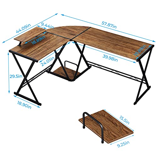 GreenForest L Shaped Desk 58β Reversible Corner Computer Desk with Movable Shelf and CPU Stand, Gaming Desk with Sturdy X Leg Space Saving Home Office Workstation Table, Walnut