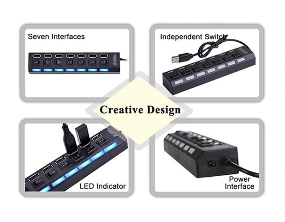 AGKRUNN 7 Port USB 2.0 Hub,Multi Port USB Splitteruter,Multi-Function Seven-Port Hub One-to-Seven Splitter Converter with Individual Switches Indicator