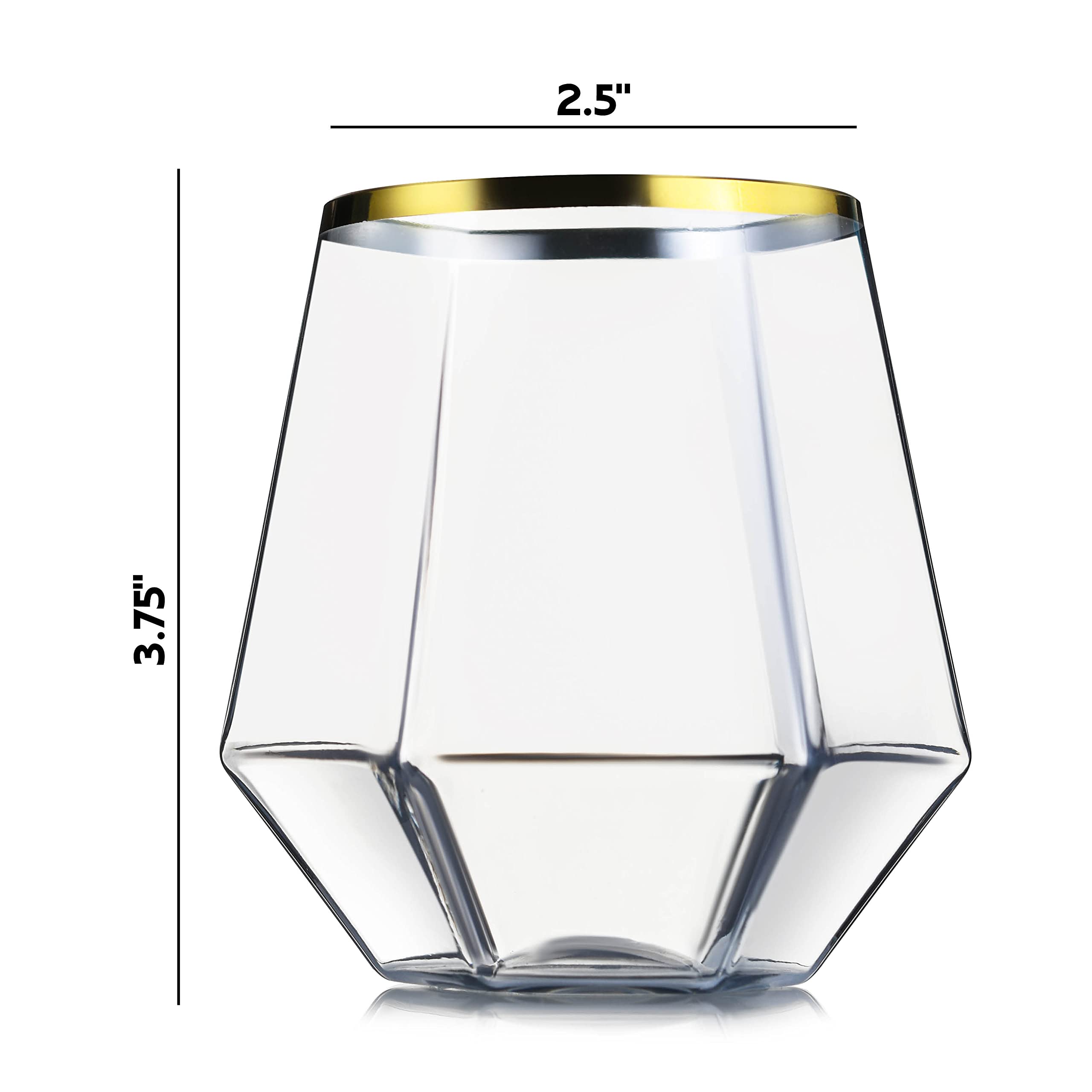 32 Pack Diamond Stemless Plastic Wine Glasses, 12 oz Unique Diamond Shape, Clear Gold Rim Glasses for Wine, Whiskey, Cocktails, Juice, Trendy & Modern Stemware, Food-Grade Disposable Drinkware