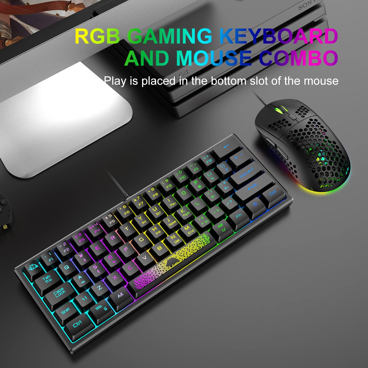60% Gaming Keyboard and Mouse Combo Samll Mini RGB Backlight Mechanical Feeling and Mechanical RGB 6400 DPI Honeycomb Optical Mouse,Gaming Mouse pad for Gamers and Typists (Green)