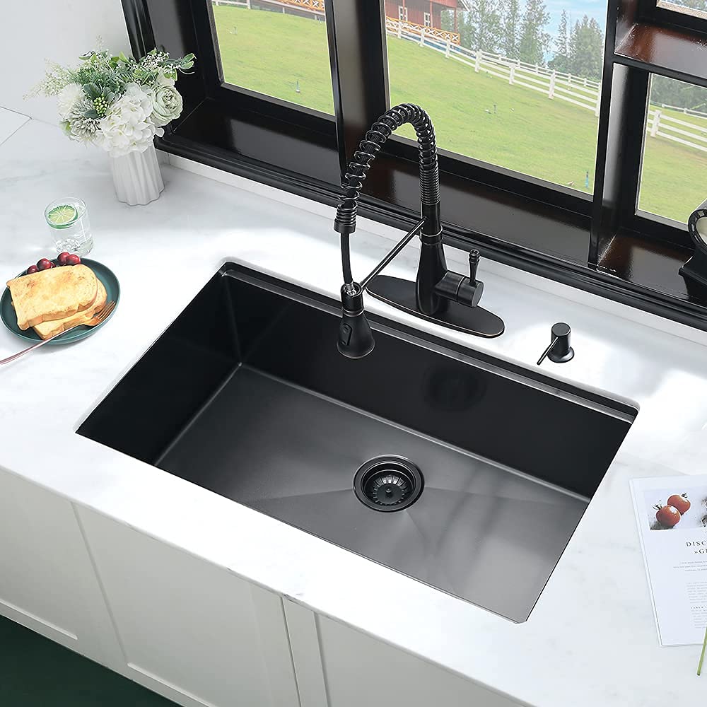 33 Inch Black Stainless Steel Undermount Kitchen Sink - iAnomla 33x19x10 Undermount Workstation Sink 16 Gauge Gunmetal Black Deep Single Bowl Kitchen Sink with Cutting Board & Colander
