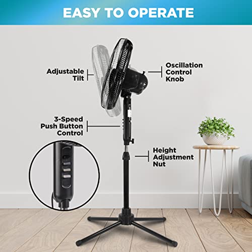 Comfort Zone CZST161BTEBK 16โ Oscillating Pedestal Fan, 3-speed Options, 90-Degree Oscillating Head, Adjustable Height and Tilt, Powerful Air Flow, Black