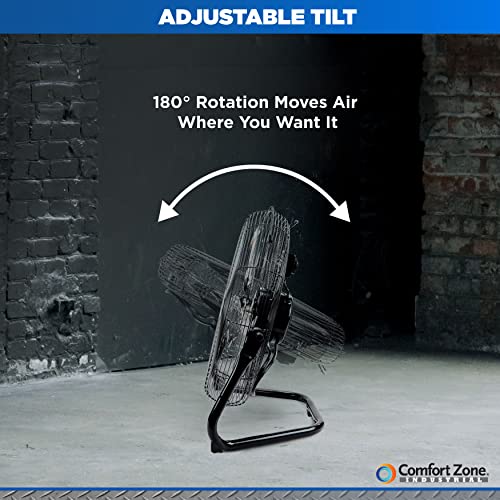 Comfort Zone CZHV14B 14” High Velocity 3-Speed Cradle Mount Floor Fan with 180-Degree Adjustable Tilt, All-Metal Construction, Carry Handle and Rubber Feet for Stability, Black