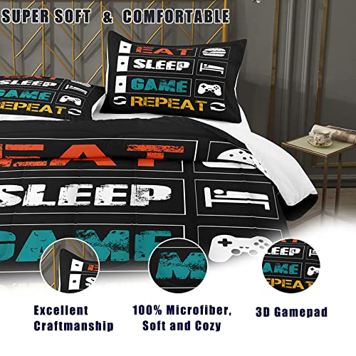 Bodhi Gaming Comforter Set Full,Gamer Bedding Sets for Boys Kids, Eat Sleep Game Repeat Design Comforter Set,3 Pieces Microfiber Game Bed Set (1 Gamer Comforter +2Pillowcases)